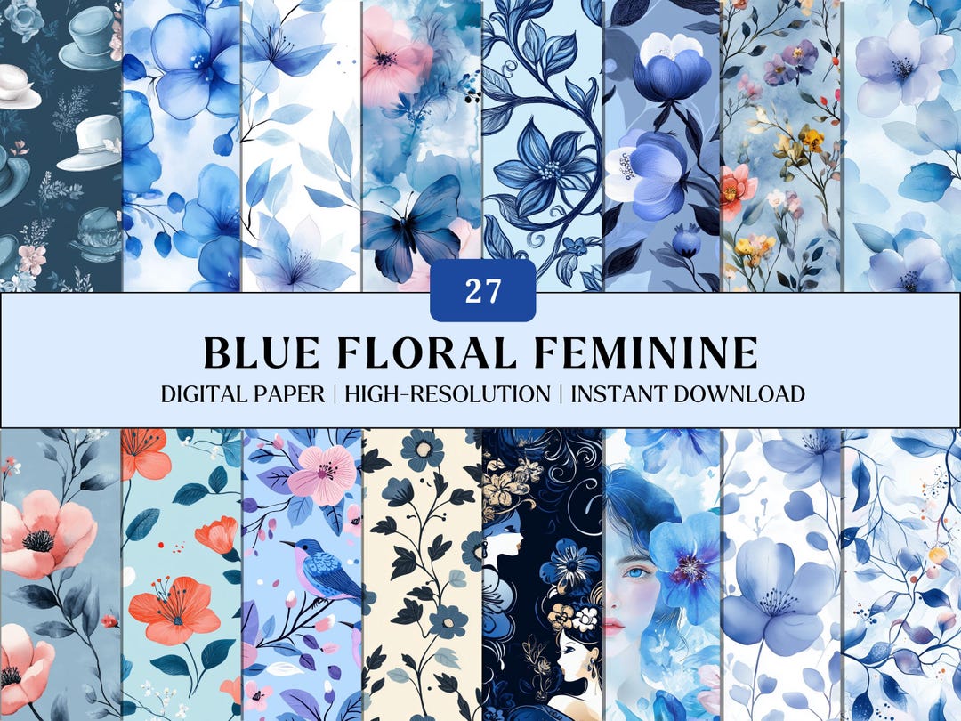 Blue Floral Digital Paper Watercolor Feminine Backgrounds Scrapbook ...
