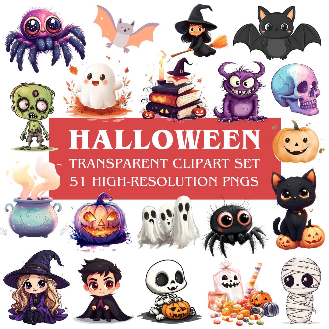 Halloween Transparent Clipart Set, Cute Pngs, Witches Zombies Monsters ...
