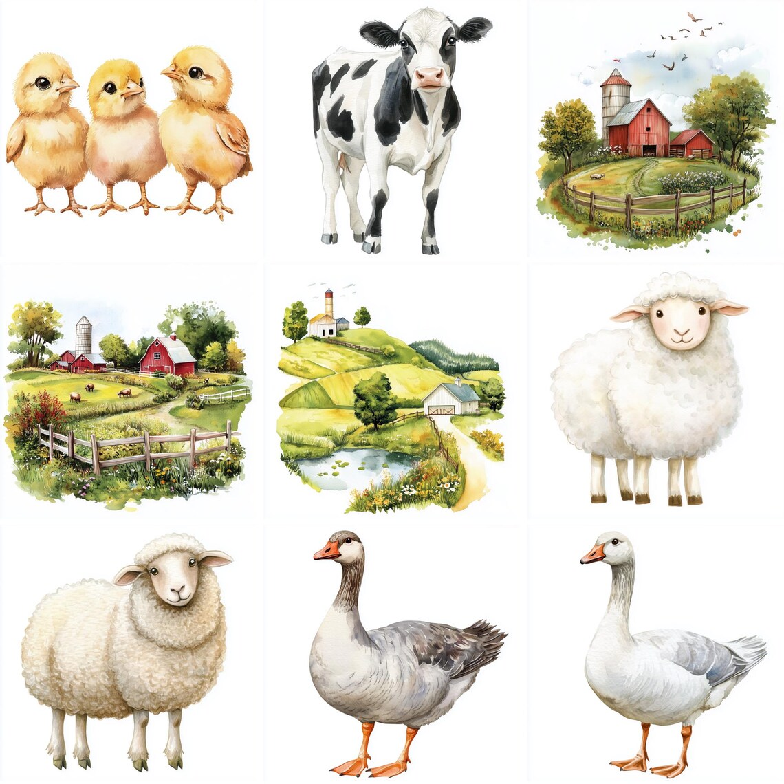 Farm Animal Clipart Set Watercolor Barn Tractor Cow Pig Sheep Chicken ...