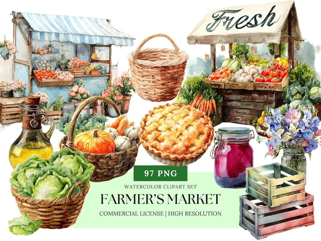Farmer’s Market Watercolor Clipart Set Fresh Produce Food Stand Local ...