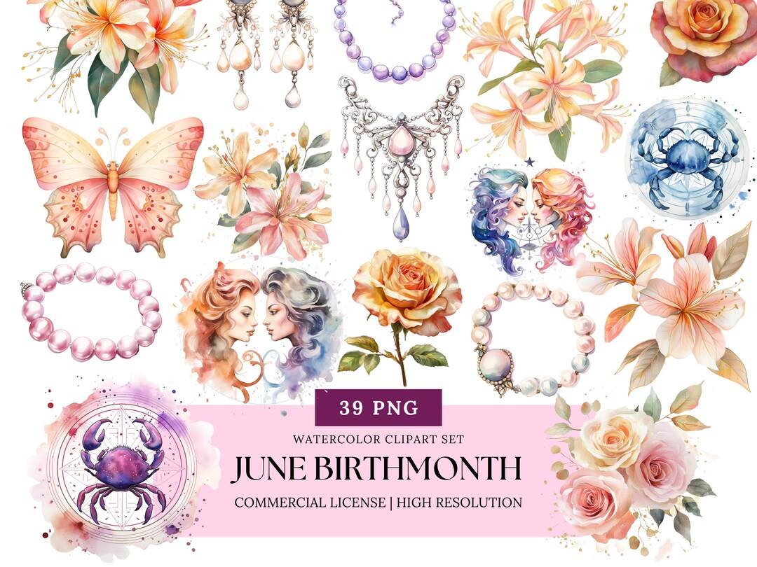 June Birth Month Clipart Watercolor Rose Honeysuckle Pearl Moonstone ...