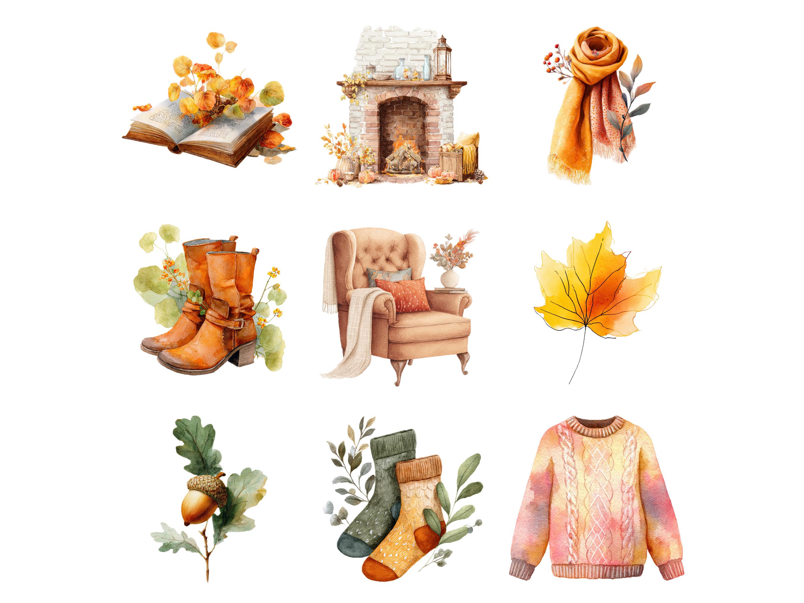 Mini Cozy Autumn Watercolor Clipart Set Hygge Fall Minimalist Pumpkin ...