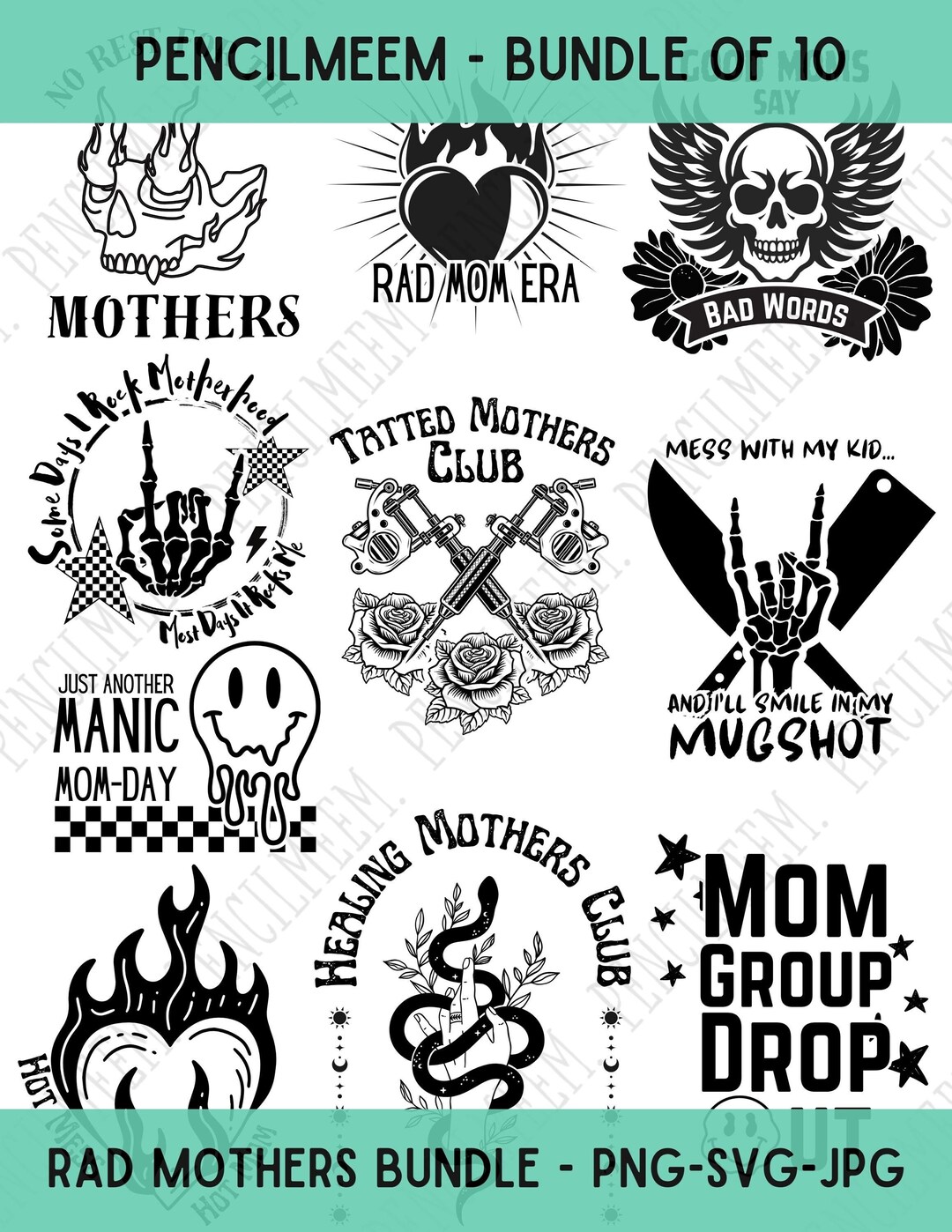 Rad Moms Bundle With 10 Designs | Cool Tatted Moms Club Illustrations ...