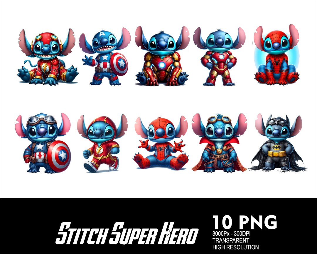 10 PNG Super Hero Bundle Stitch Splash and Watercolor Transparent PNG ...