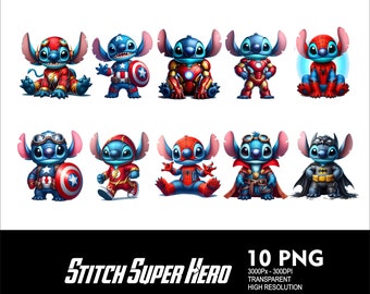 10 PNG Super Hero Bundle Stitch Splash and Watercolor Transparent PNG ...