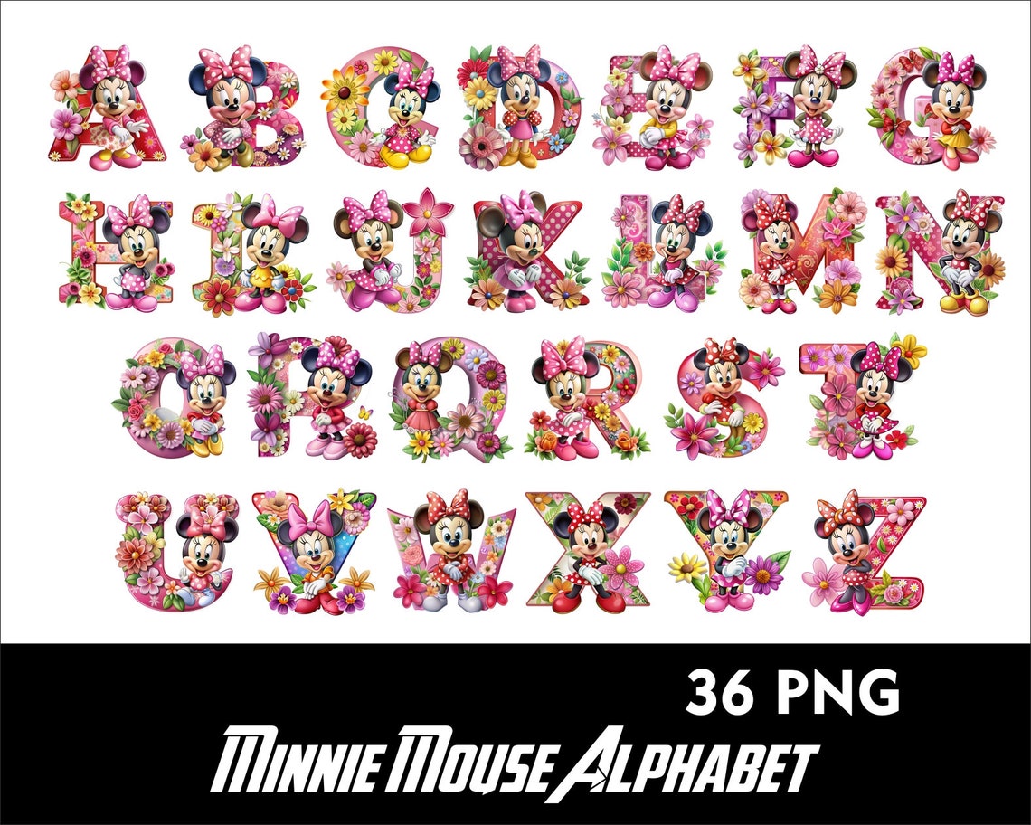 Minnie Alphabet Mouse Flower Font PNG Letters Girl Letters and Numbers ...