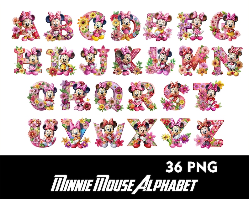 Minnie Alphabet Mouse Flower Font PNG Letters Girl Letters and Numbers ...