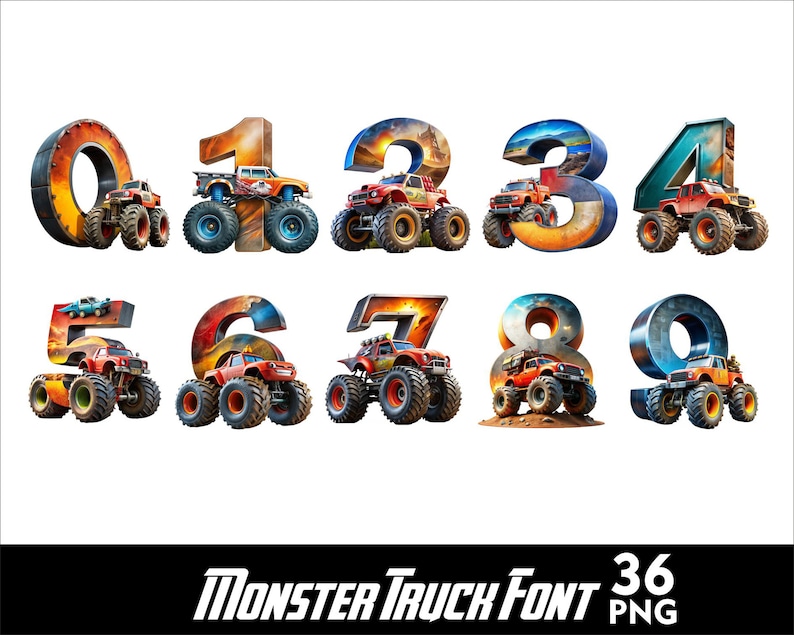 Monster Truck Alphabet Font PNG Monster Truck Letters and Numbers for ...