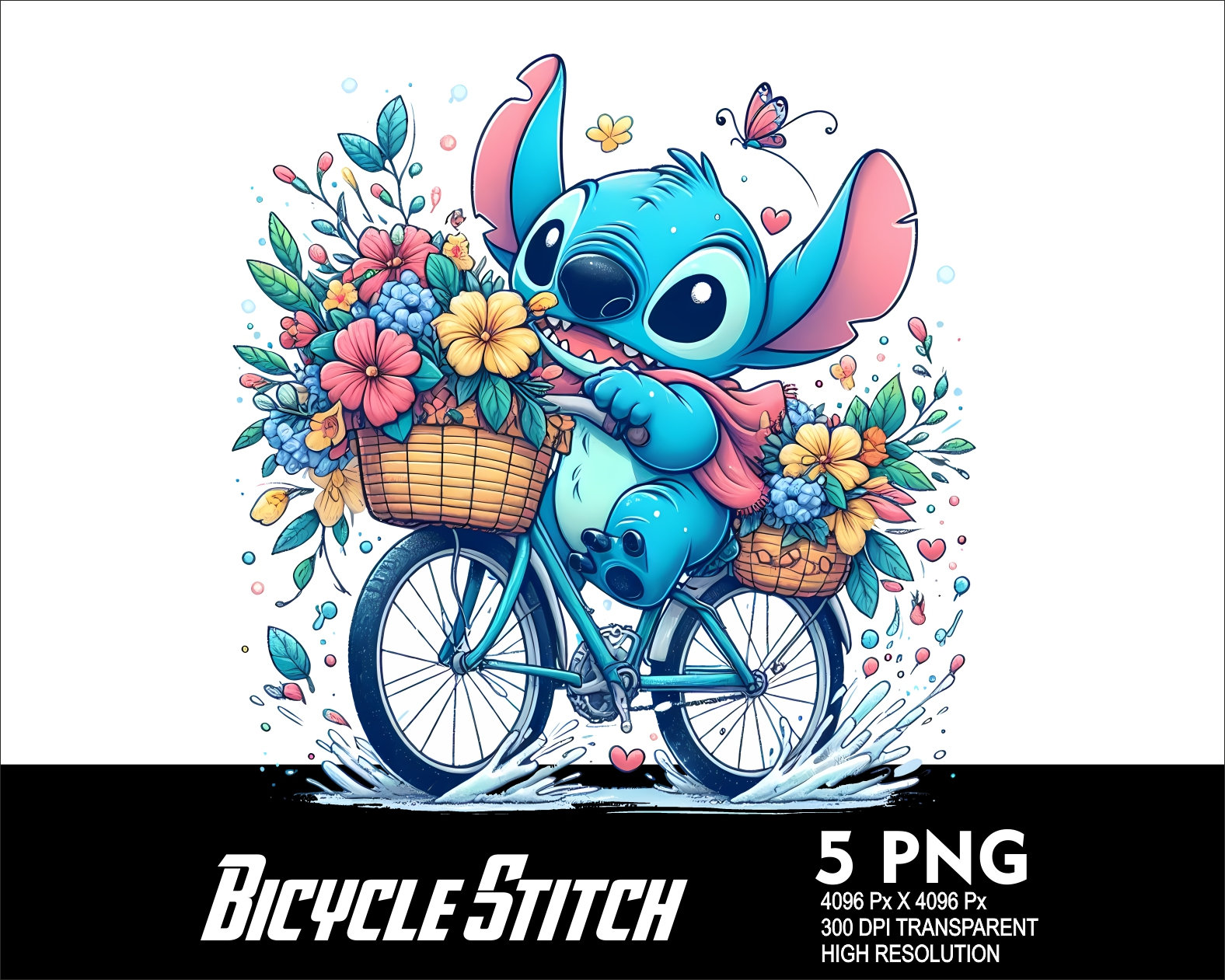 5 PNG Bicycle Flowers Stitch Splash and Watercolor Transparent PNG File ...