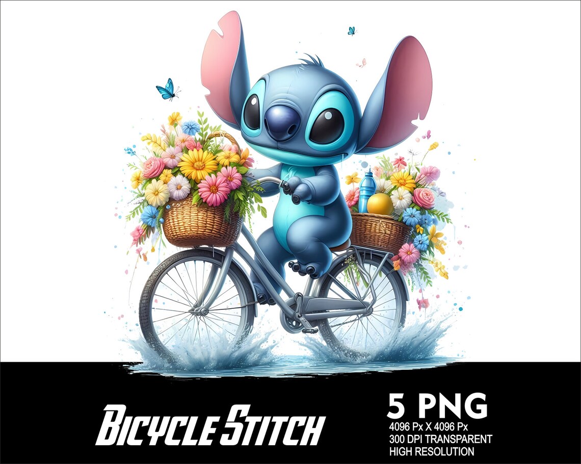 5 PNG Bicycle Flowers Stitch Splash and Watercolor Transparent PNG File ...