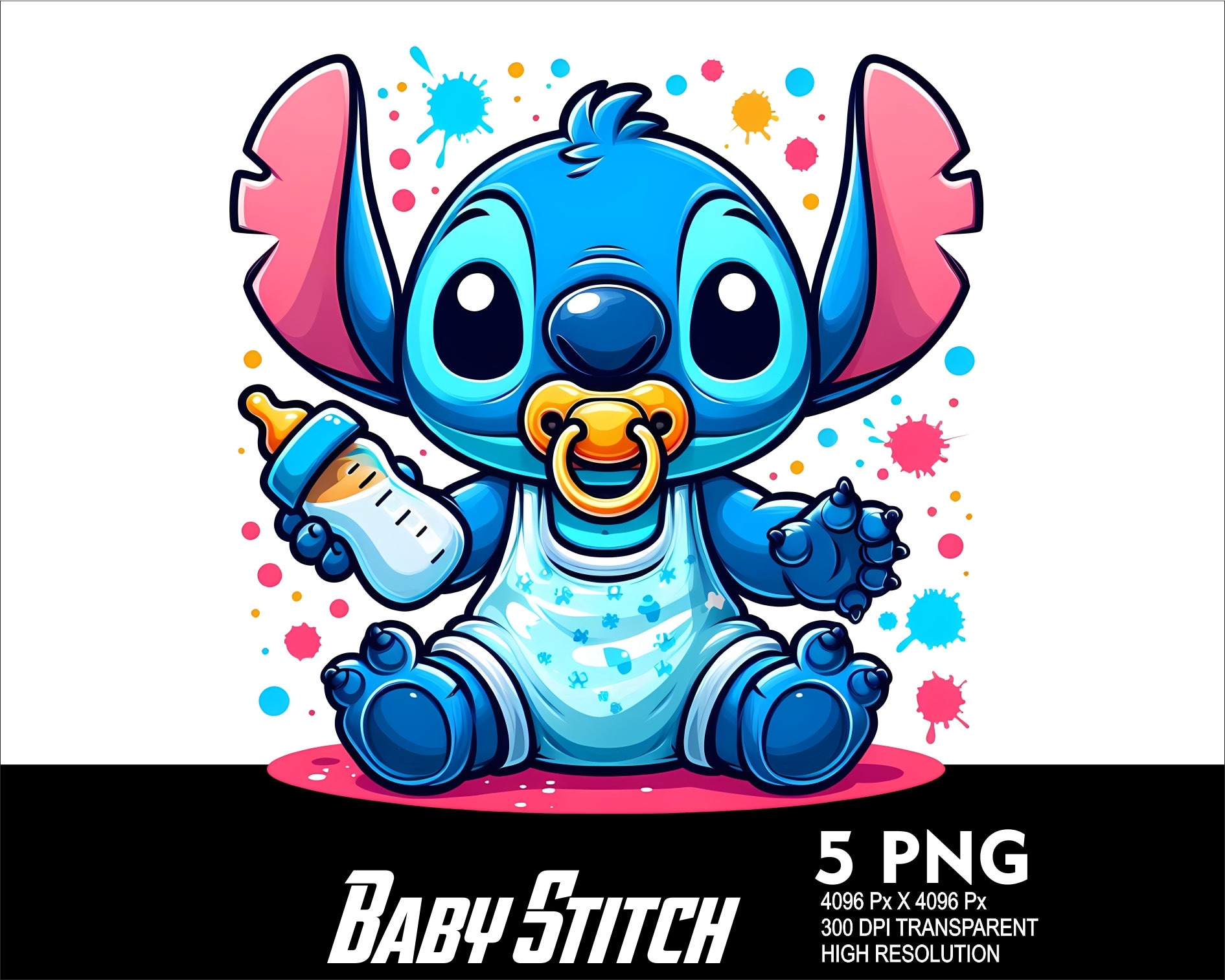 5 PNG Baby Stitch Blue Splash and Watercolor Transparent PNG File for ...