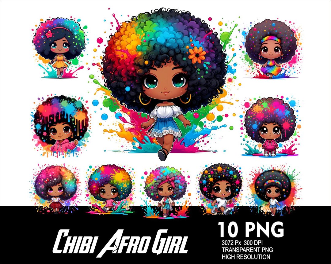 10 PNG Chibi Afro Girl Splash Transparent PNG File for Sublimation ...