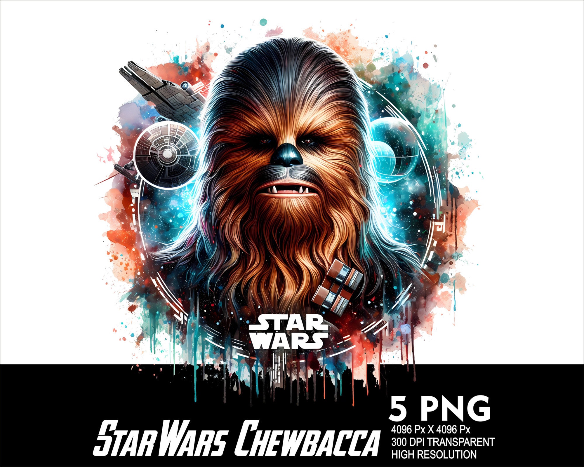 5 PNG Starwars Chewbacca Splash and Watercolor Transparent Png File for ...