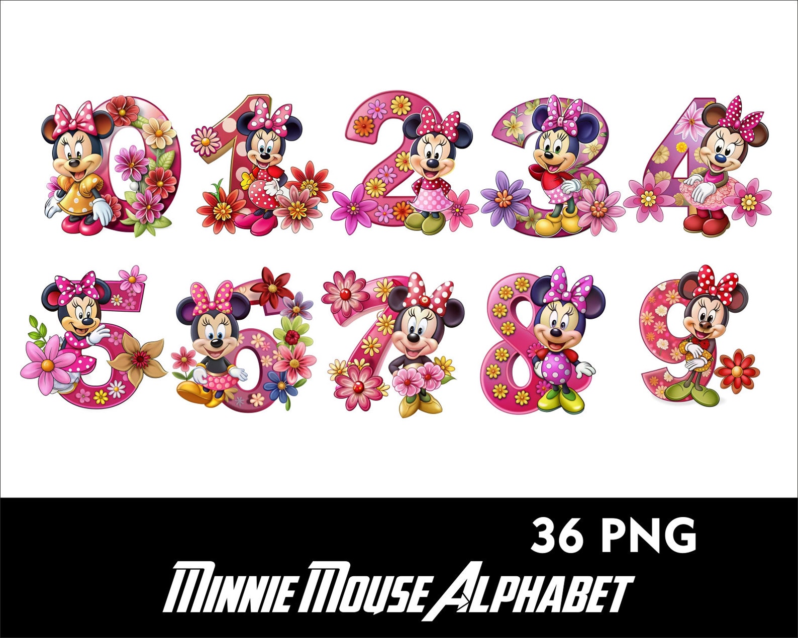 Minnie Alphabet Mouse Flower Font PNG Letters Girl Letters and Numbers ...