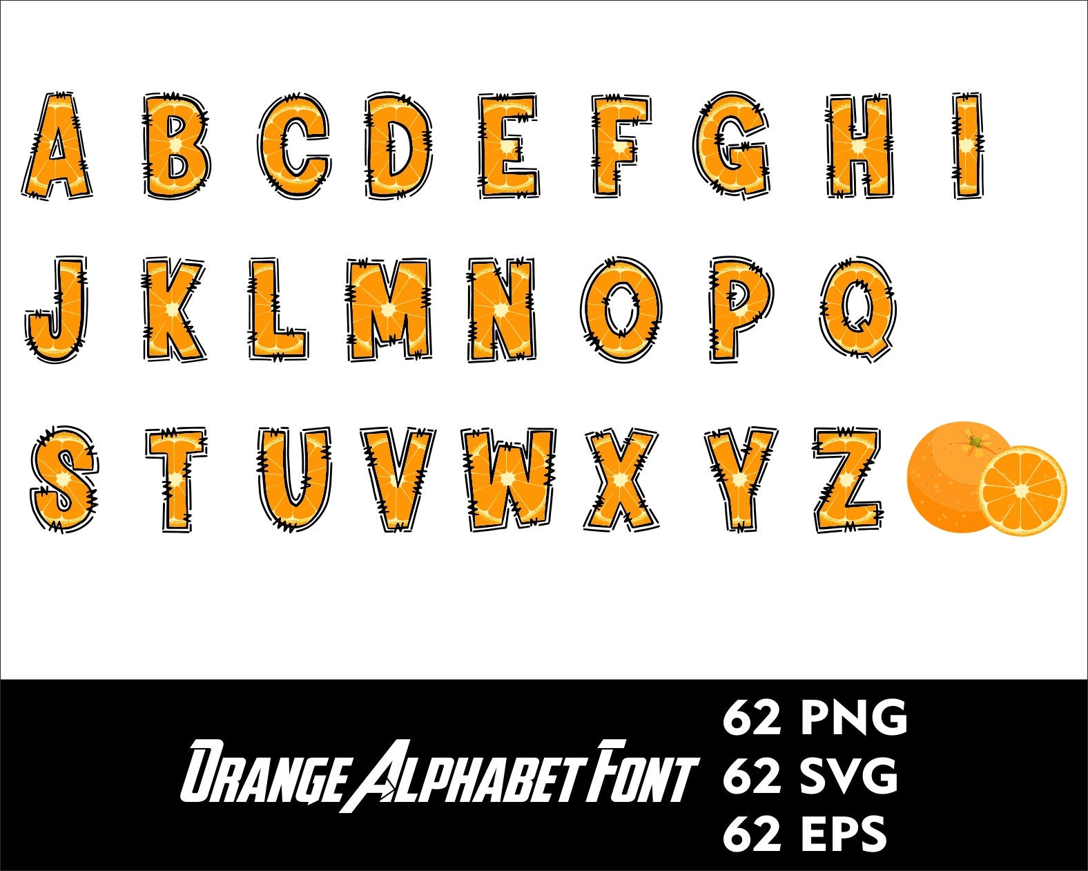 Orange Doodle Alphabet Orange Font SVG PNG Fruit Orange Alphabet ...