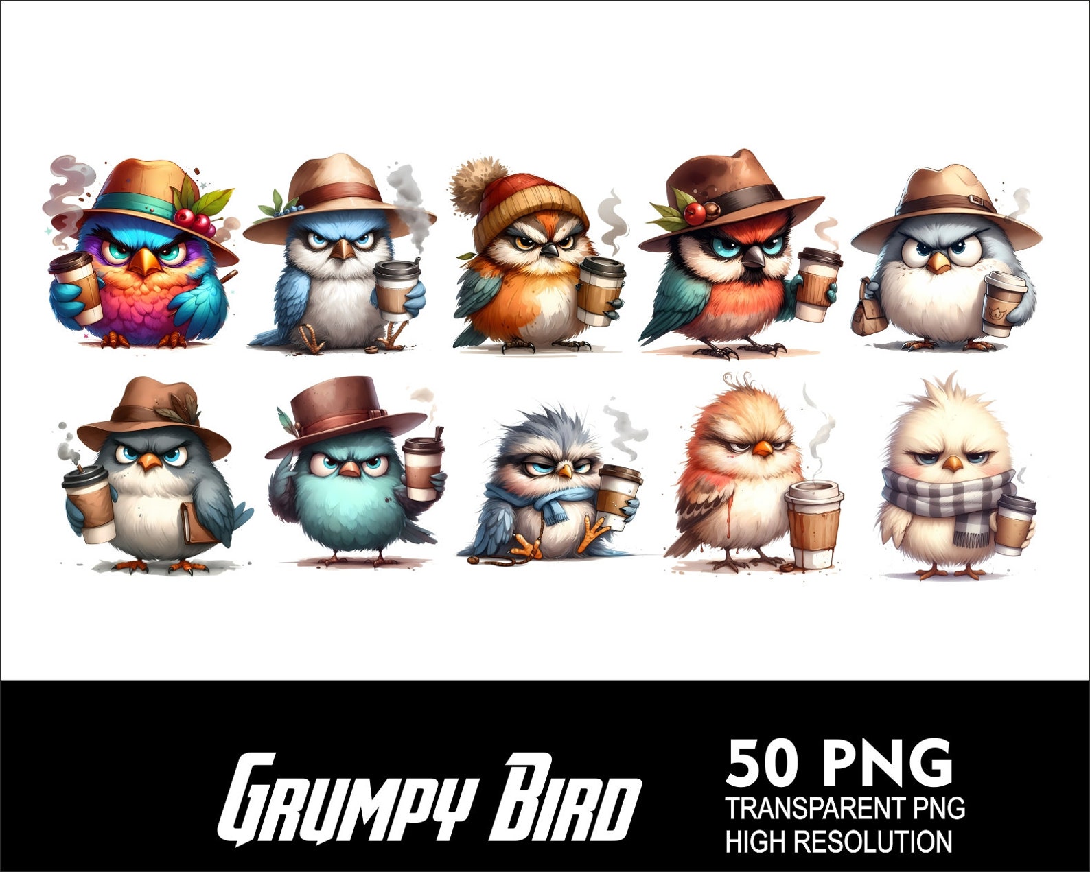 Bundle 50 PNG Grumpy Birds Cute Fluffy Birds Coffee Watercolor ...