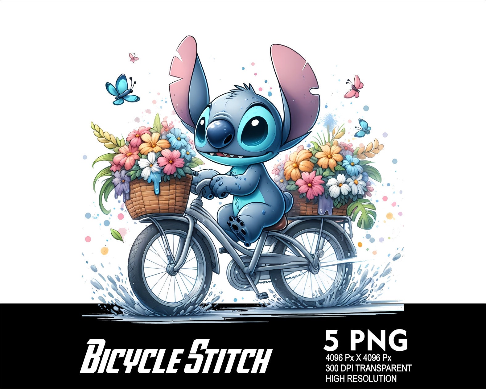 5 PNG Bicycle Flowers Stitch Splash and Watercolor Transparent PNG File ...