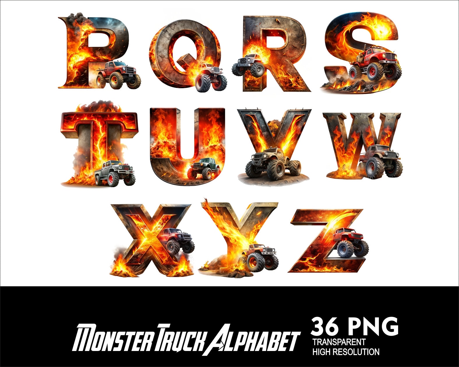 Monster Truck Alphabet Font PNG Flame Monster Truck Letters and Numbers ...