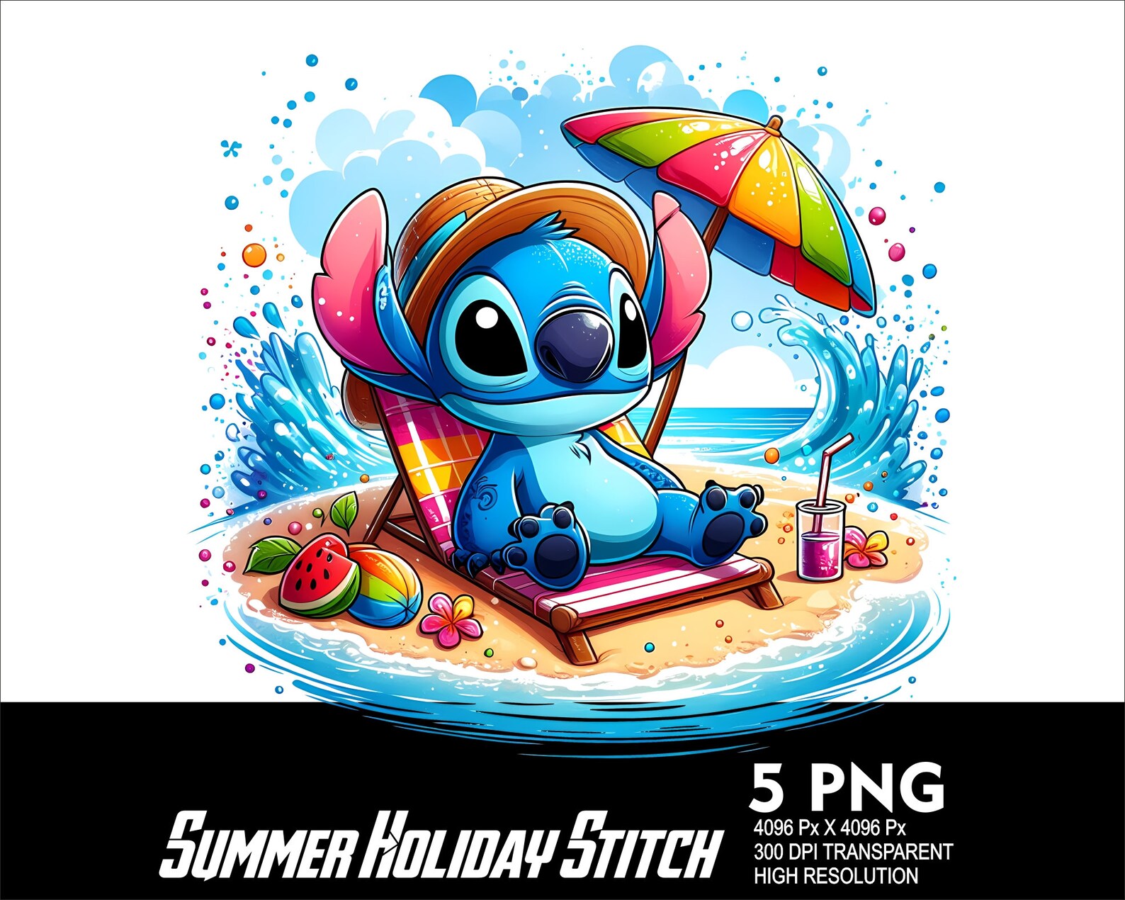 5 PNG Summer Holiday Stitch Splash and Watercolor Transparent PNG File ...