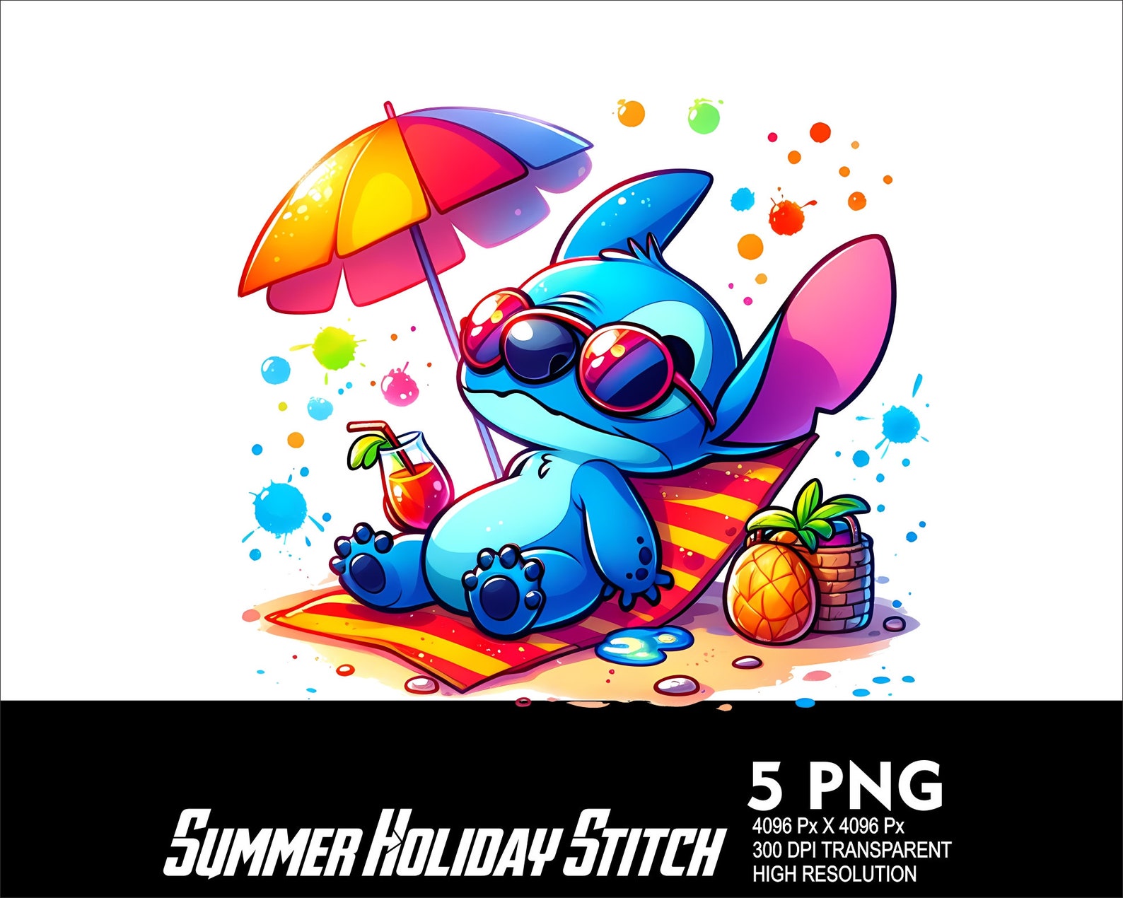 5 PNG Summer Holiday Stitch Splash and Watercolor Transparent PNG File ...