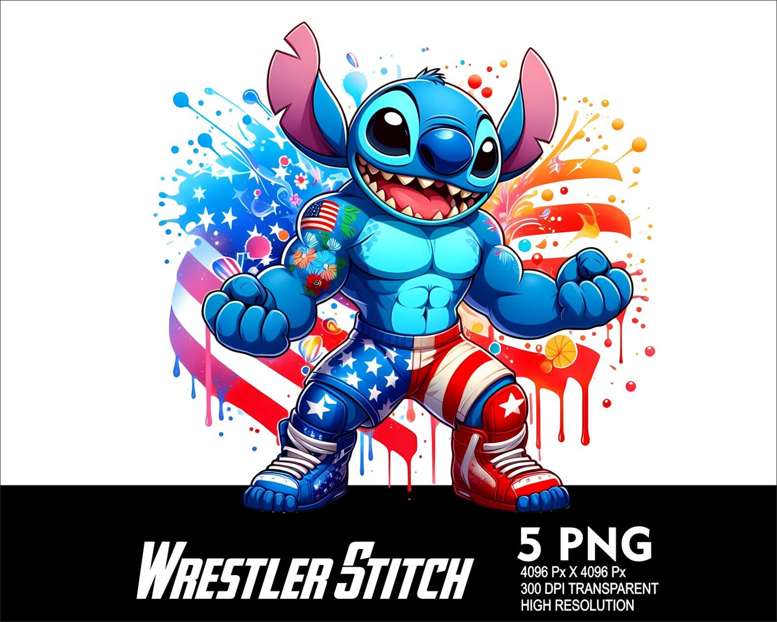 5 PNG Wrestler Stitch Splash and Watercolor Transparent PNG File for ...
