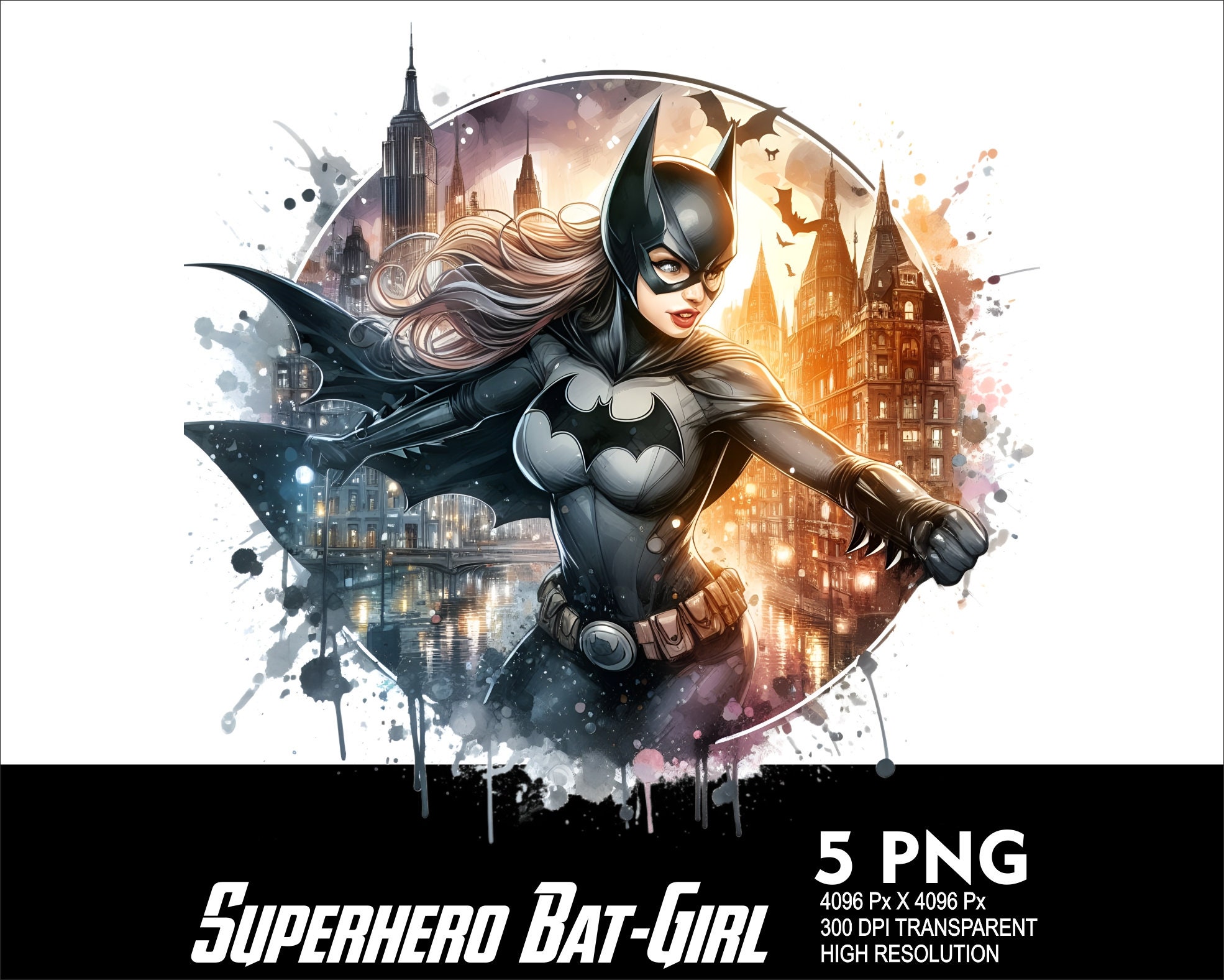 5 PNG Female Hero Bat Girl Splash and Watercolor Transparent PNG File ...