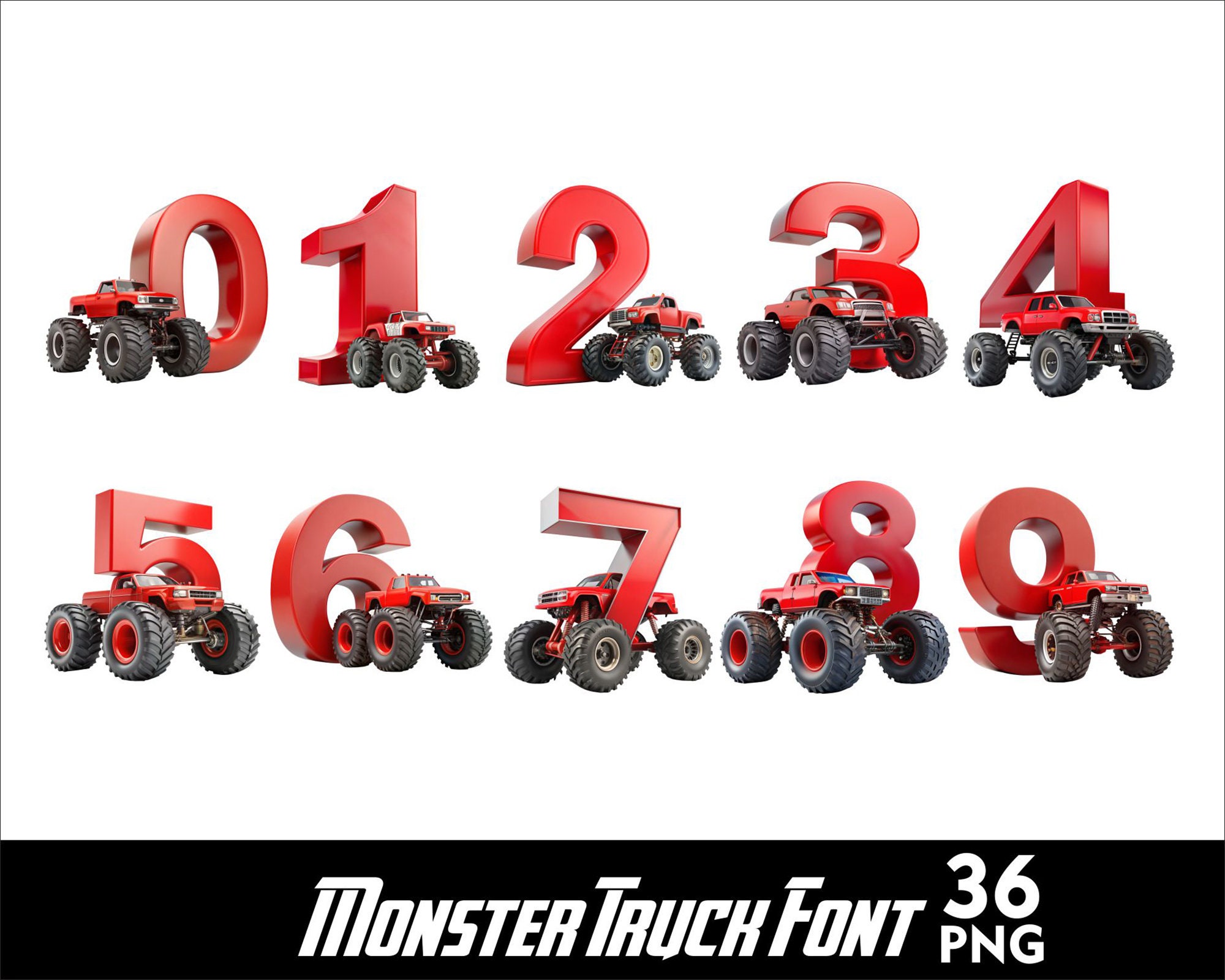 Monster Truck Red Alphabet Font PNG Monster Truck Letters and Numbers ...