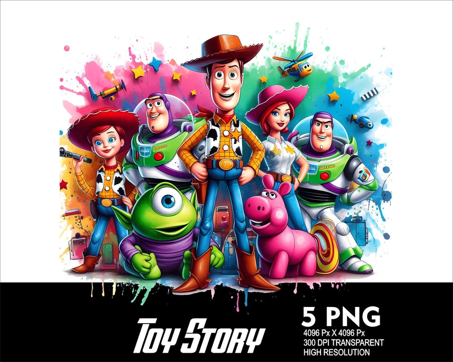 5 PNG Toy Story Heroes Splash and Watercolor Transparent PNG File for ...