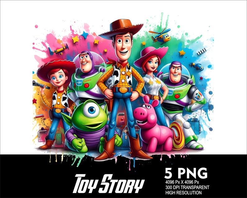 5 PNG Toy Story Heroes Splash and Watercolor Transparent PNG File for ...