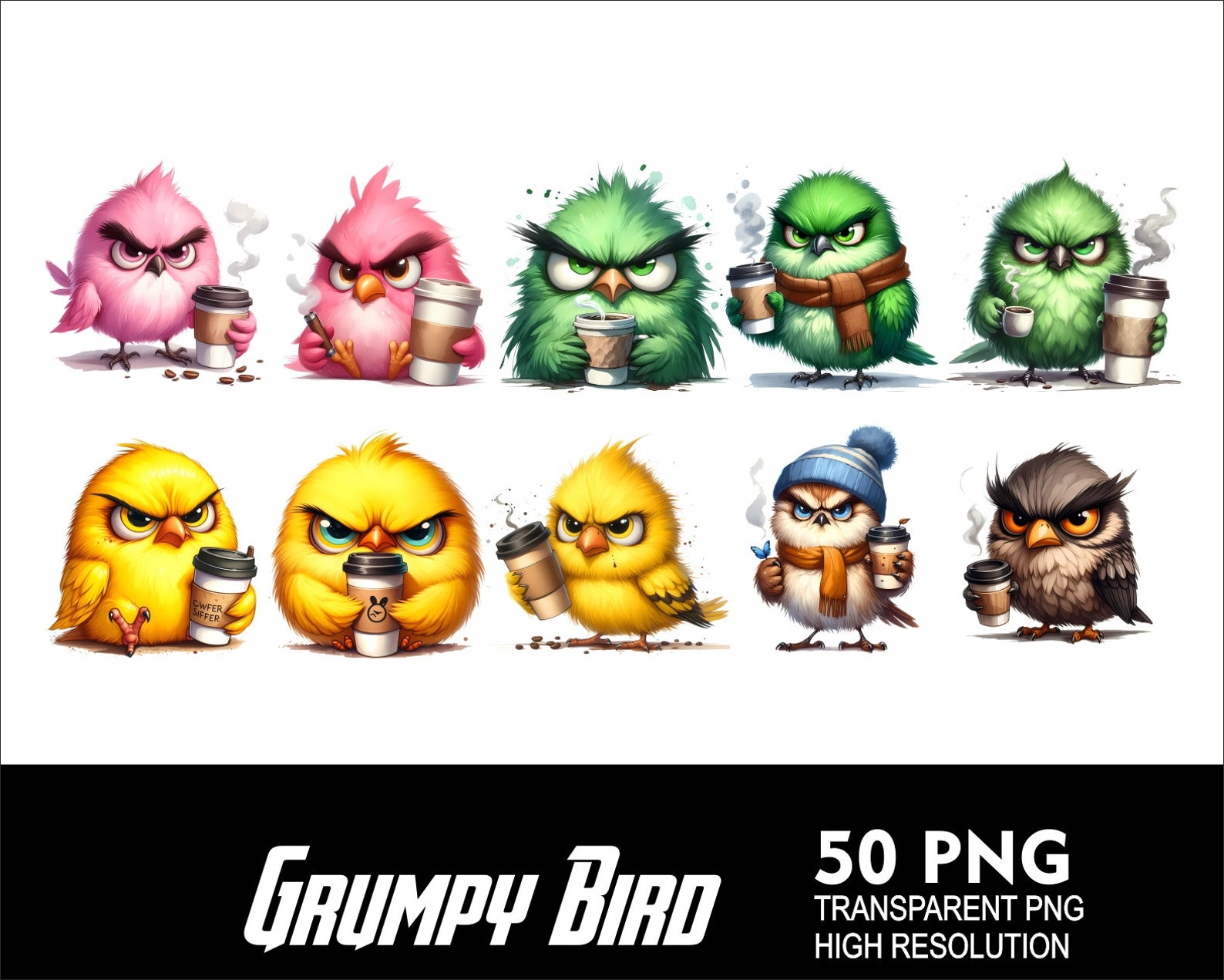 Bundle 50 PNG Grumpy Birds Cute Fluffy Birds Coffee Watercolor ...