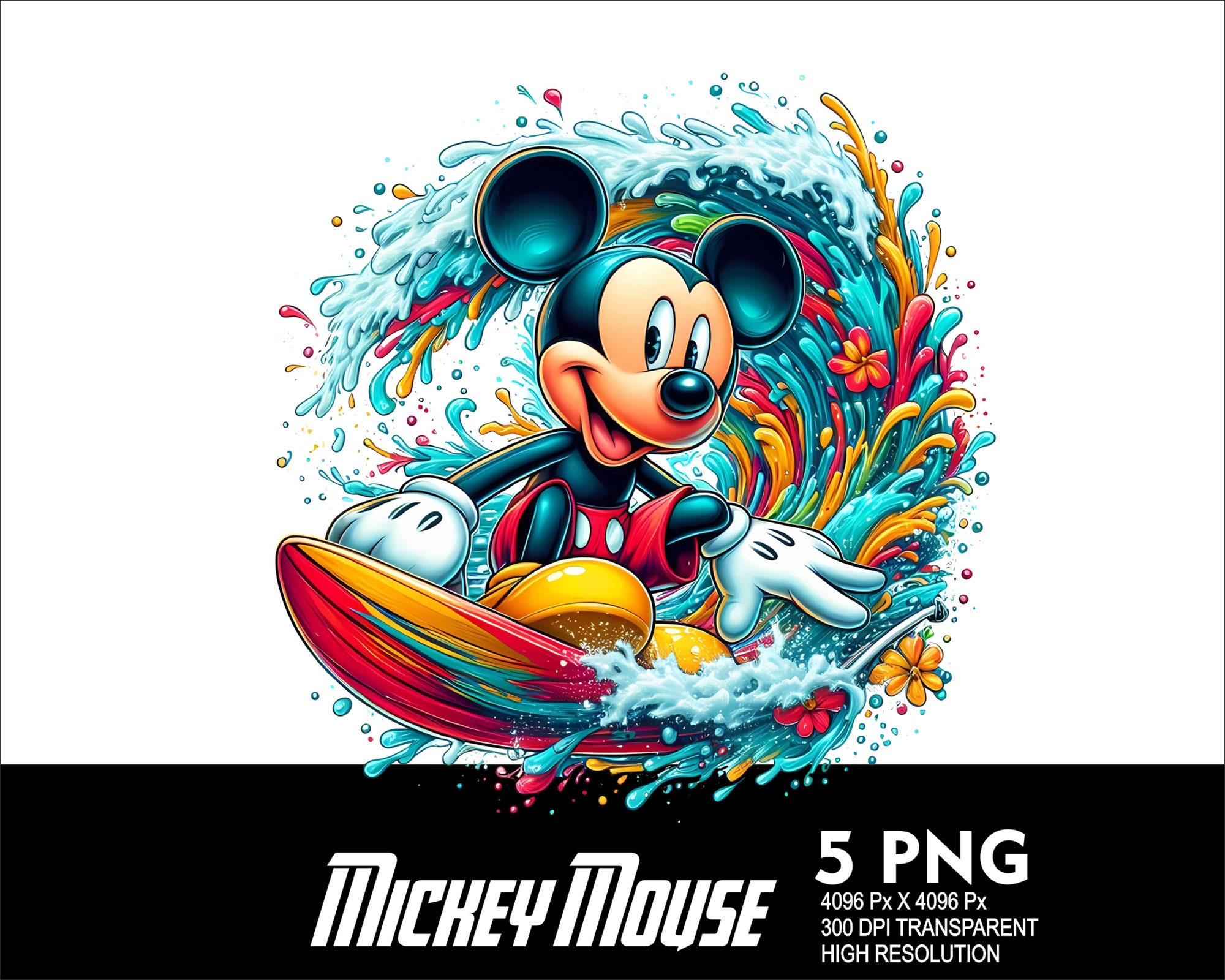 5 PNG Mickey Surfing Splash and Watercolor Transparent PNG File for ...