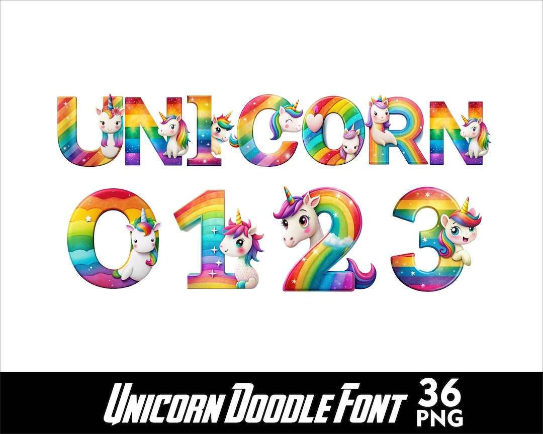 Unicorn Alphabet Unicorn Doodle Font PNG Girl Letters and Numbers for ...