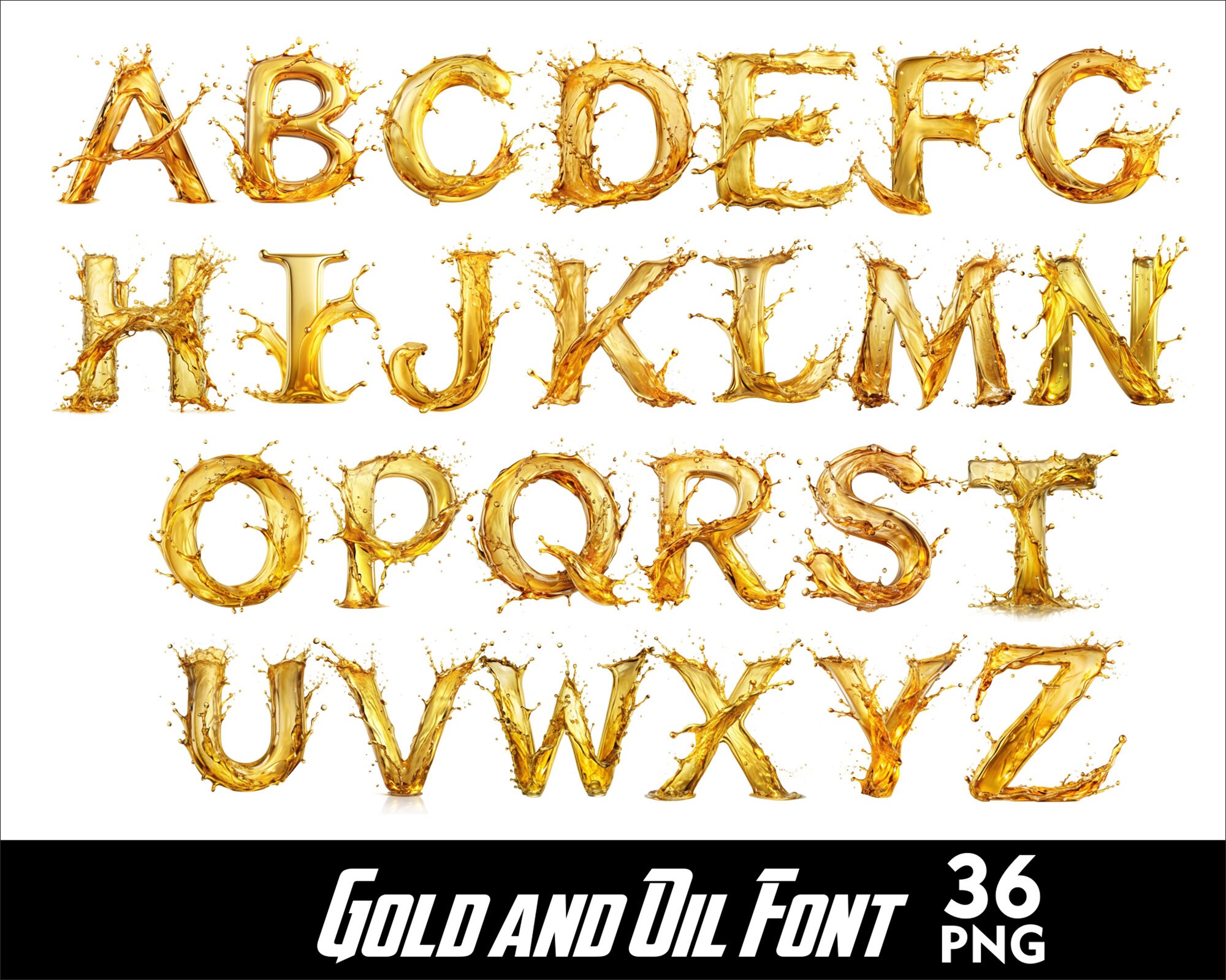 Gold Oil Splash Alphabet 3d Font PNG Letters Gold Letters and Numbers ...