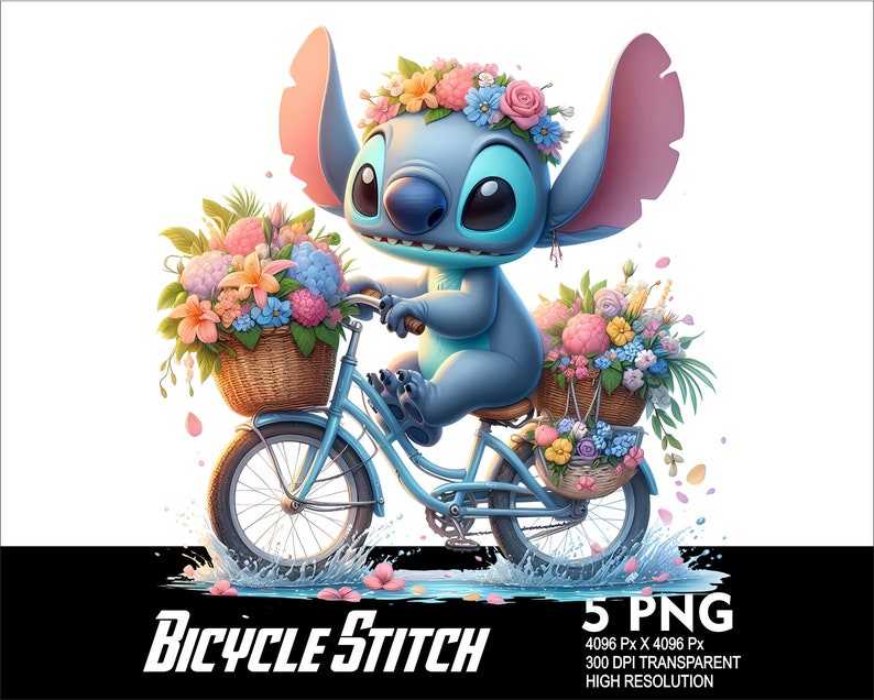 5 PNG Bicycle Flowers Stitch Splash and Watercolor Transparent PNG File ...