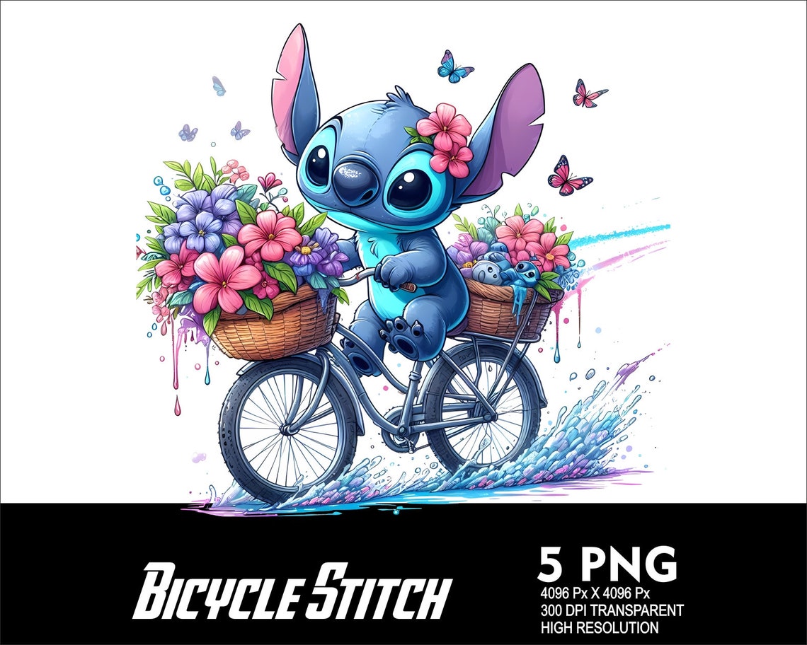 5 PNG Bicycle Flowers Stitch Splash and Watercolor Transparent PNG File ...