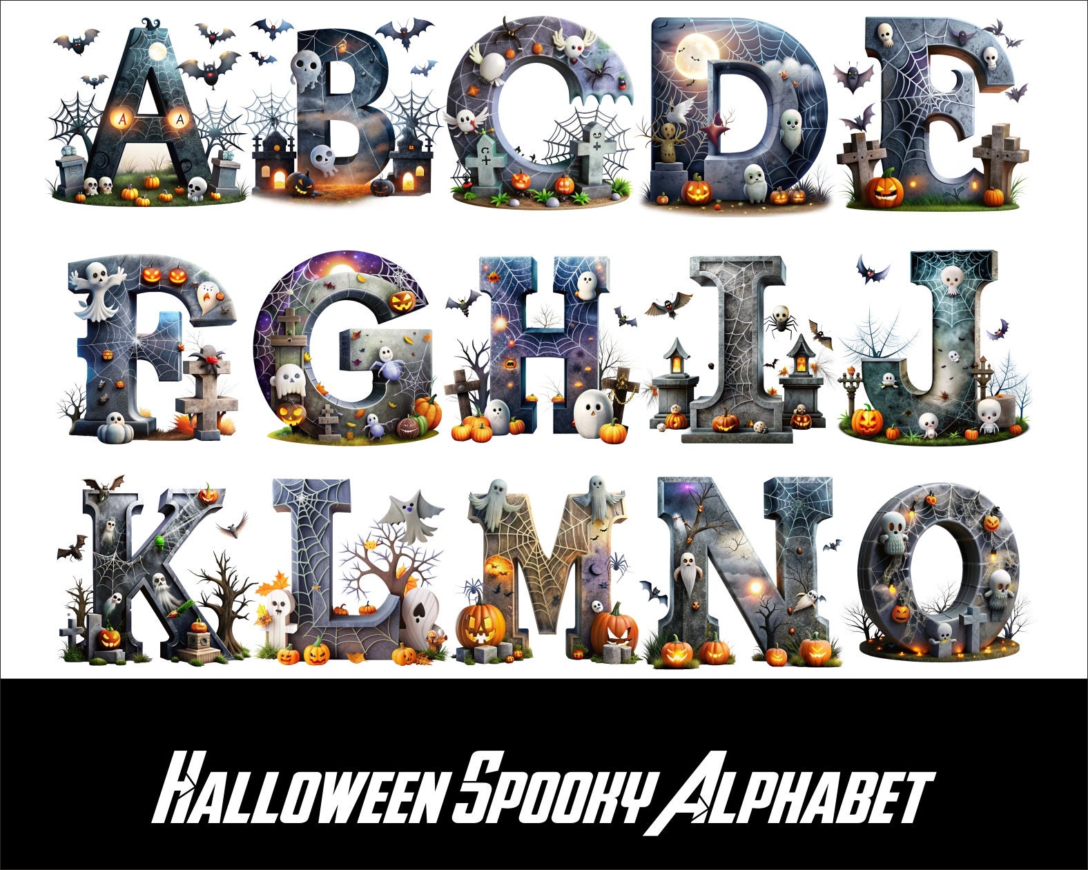 Halloween Spooky Alphabet Font PNG Spooky Letters and Numbers for ...