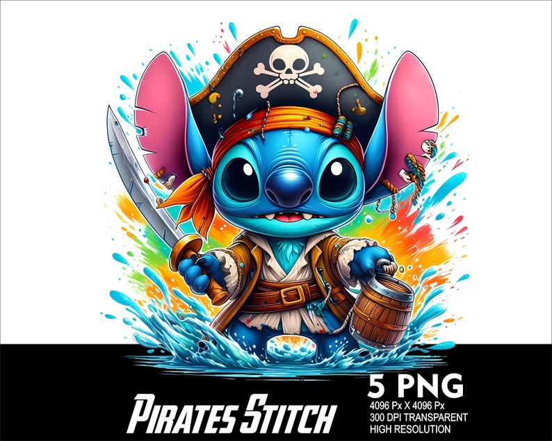 5 PNG Pirates Stitch Splash and Watercolor Transparent PNG File for ...