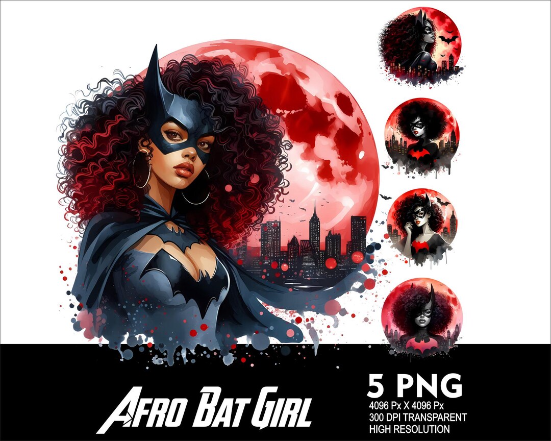 5 PNG Afro Woman Hero Bat Girl Splash and Watercolor Transparent PNG ...