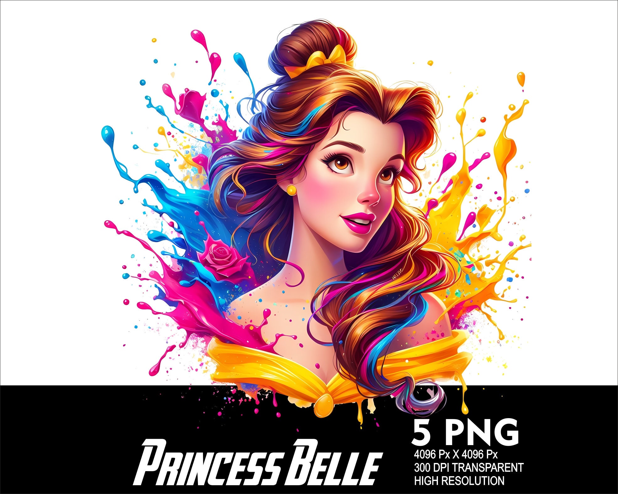 5 PNG Princess Belle Splash and Watercolor Transparent PNG File for ...