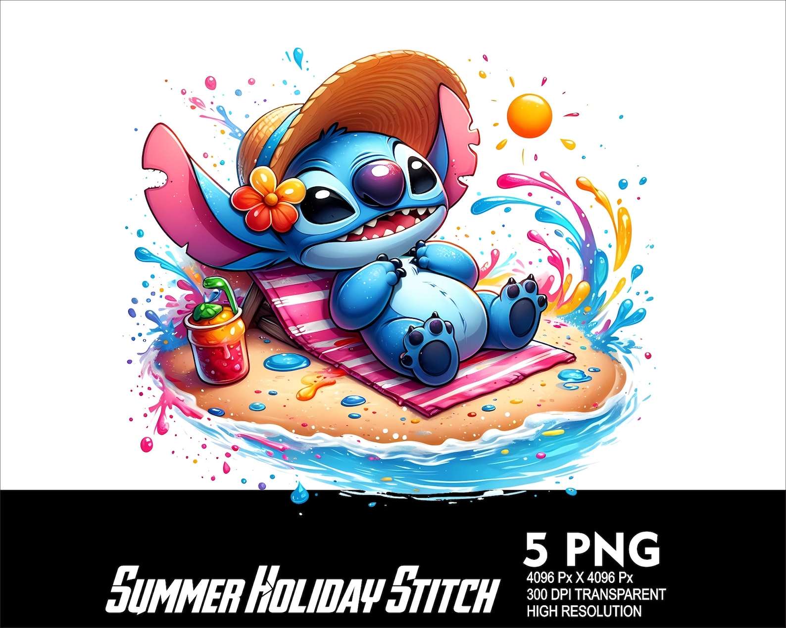 5 PNG Summer Holiday Stitch Splash and Watercolor Transparent PNG File ...