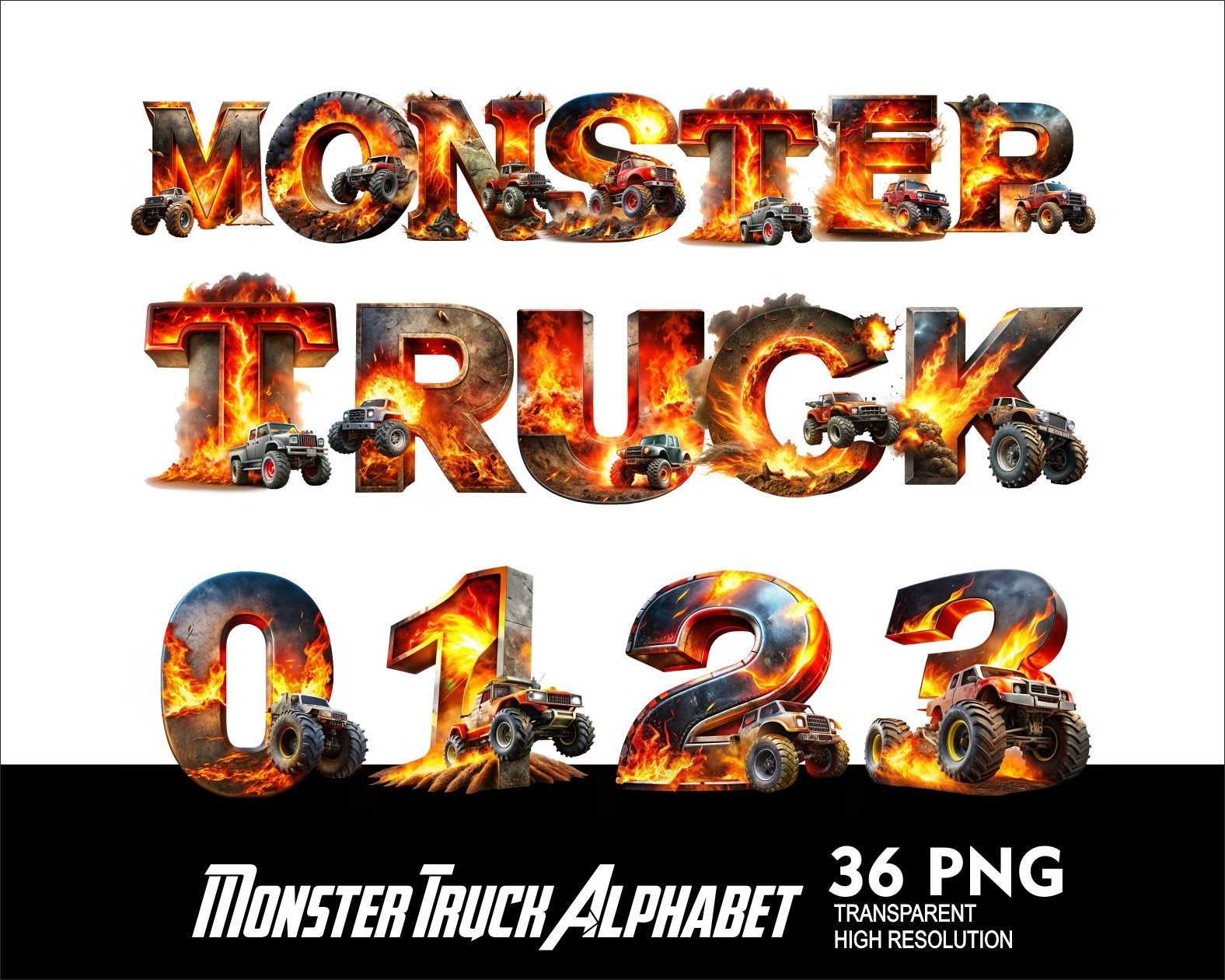 Monster Truck Alphabet Font PNG Flame Monster Truck Letters and Numbers ...
