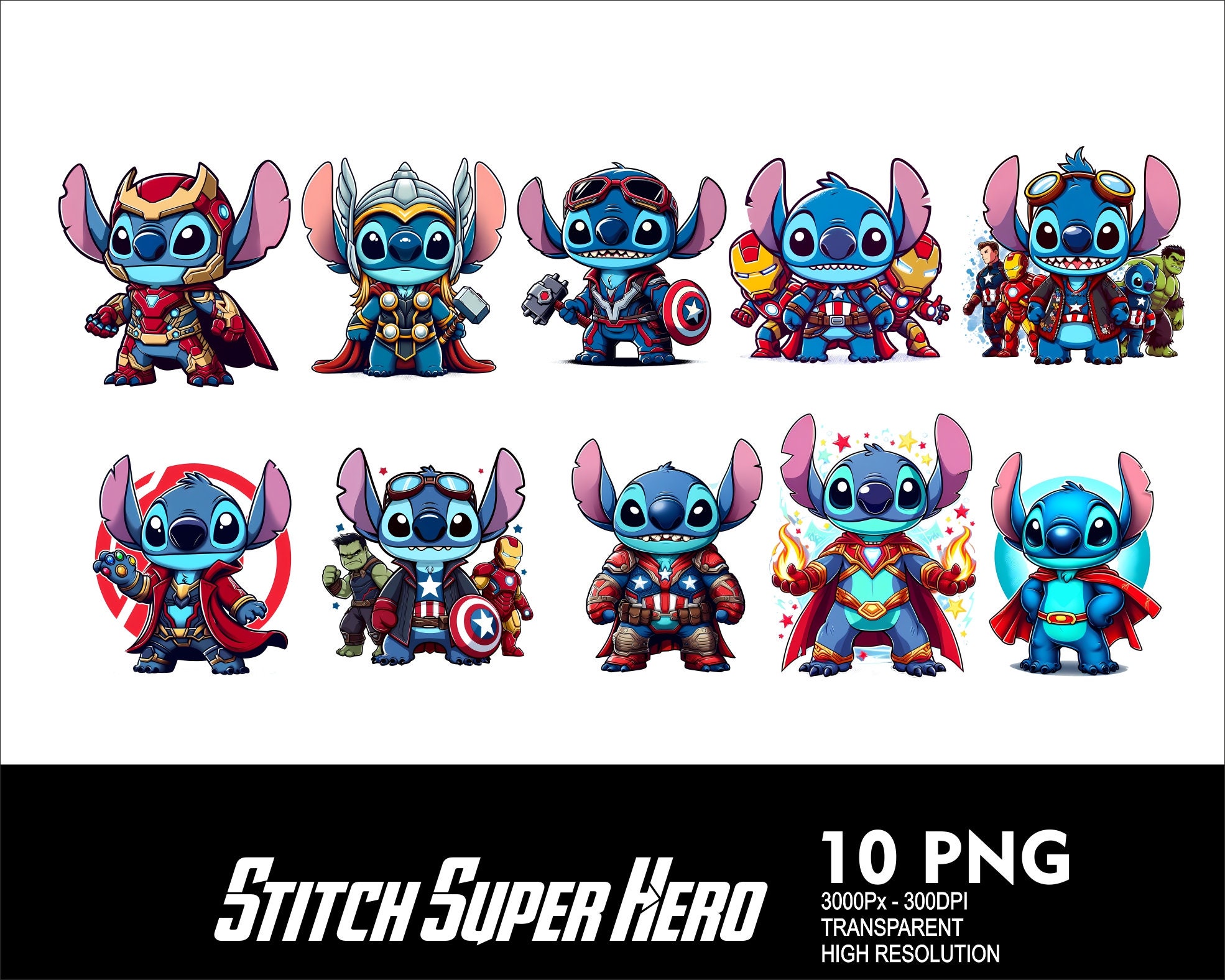 10 PNG Super Hero Bundle Stitch Splash and Watercolor Transparent PNG ...