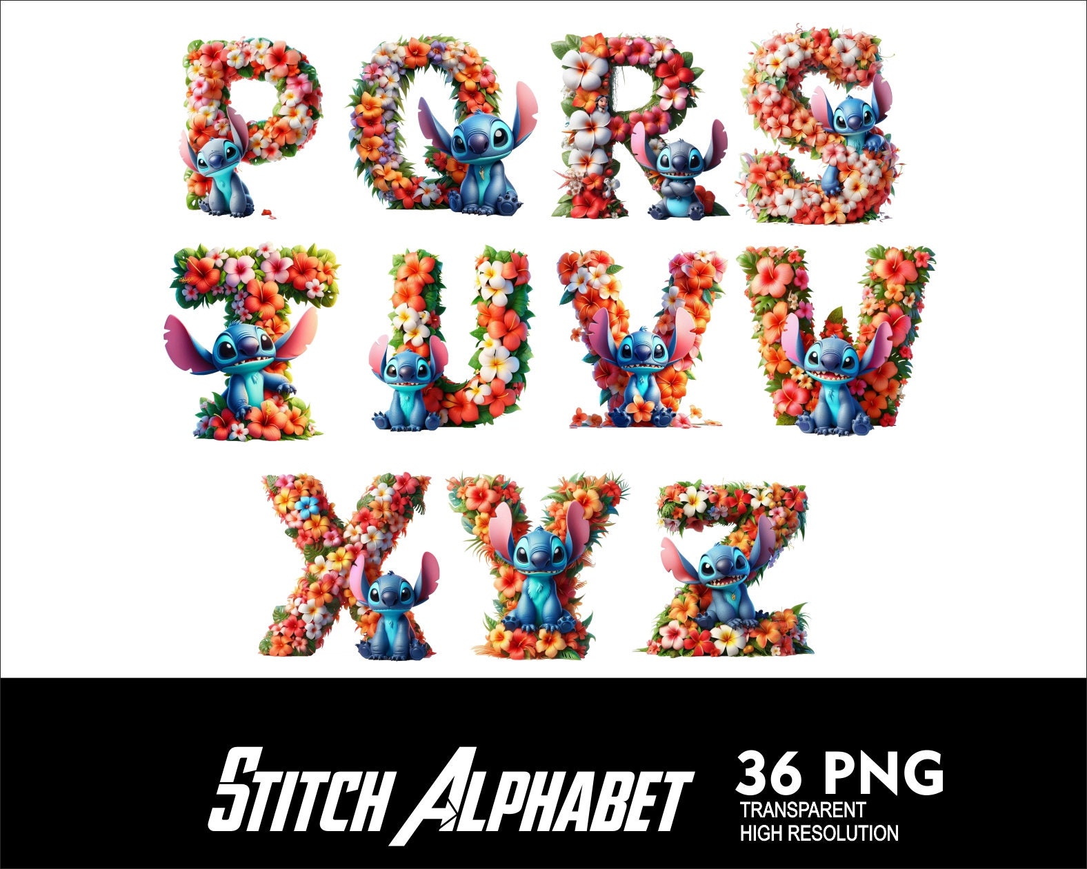 Stitch Flowers Alphabet Stitch Font PNG Hawaii Font and Numbers for ...