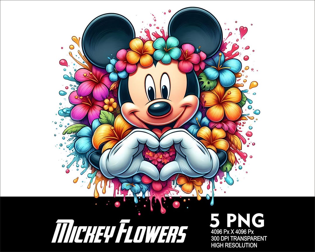 5 PNG Mickey Heart Flowers Splash and Watercolor Transparent Png File ...