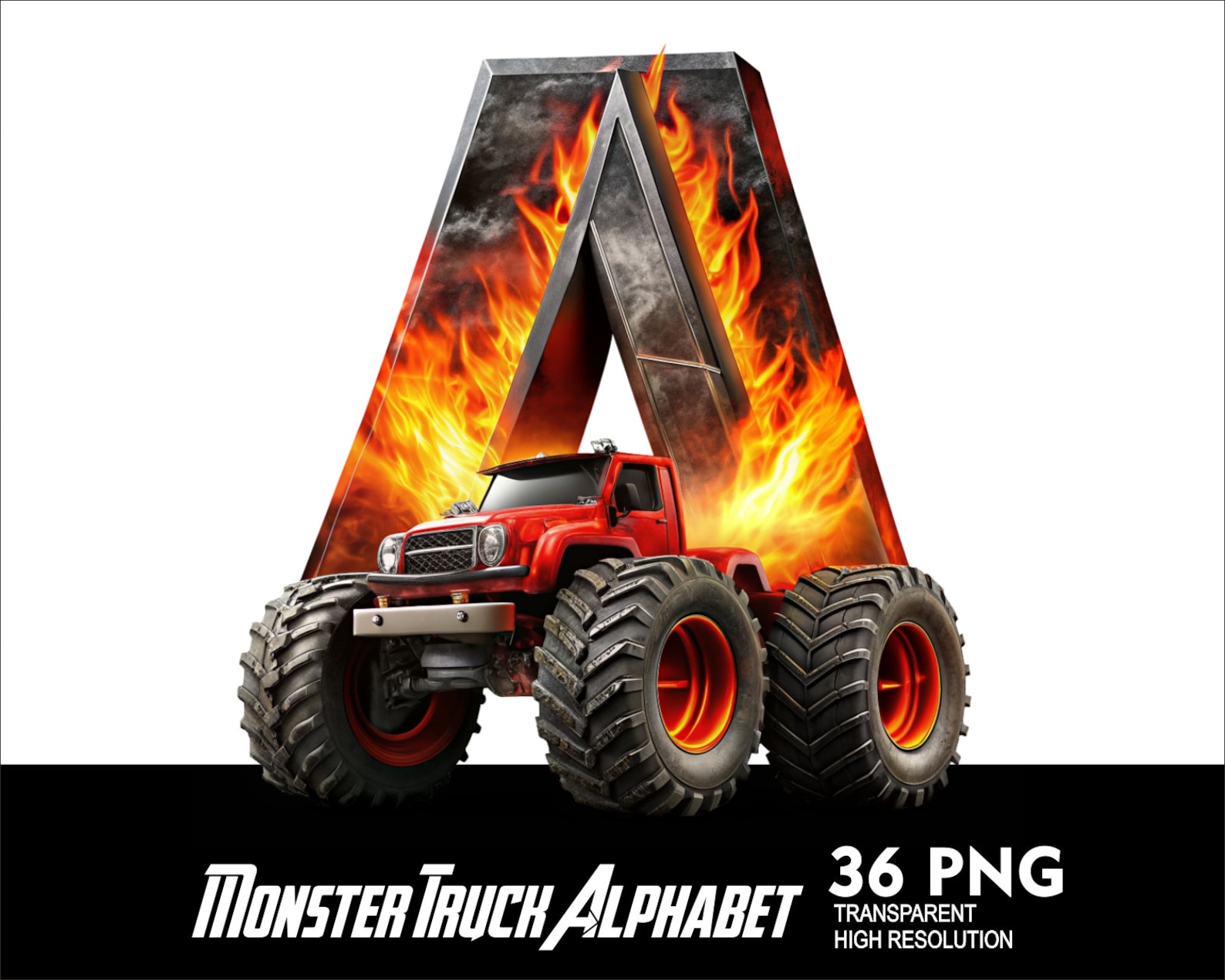 Monster Truck Alphabet Font PNG Flame Monster Truck Letters and Numbers ...