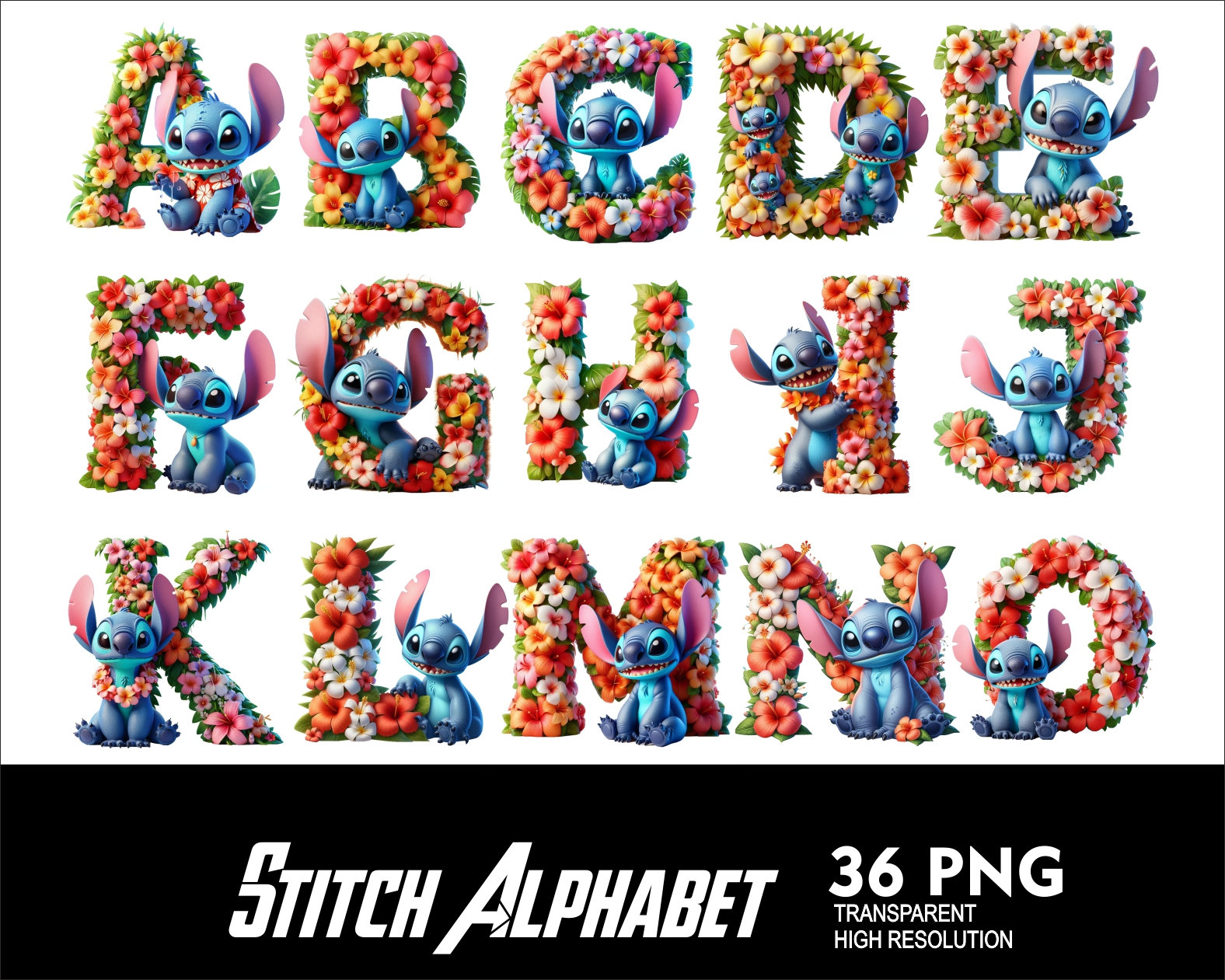Stitch Flowers Alphabet Stitch Font PNG Hawaii Font and Numbers for ...
