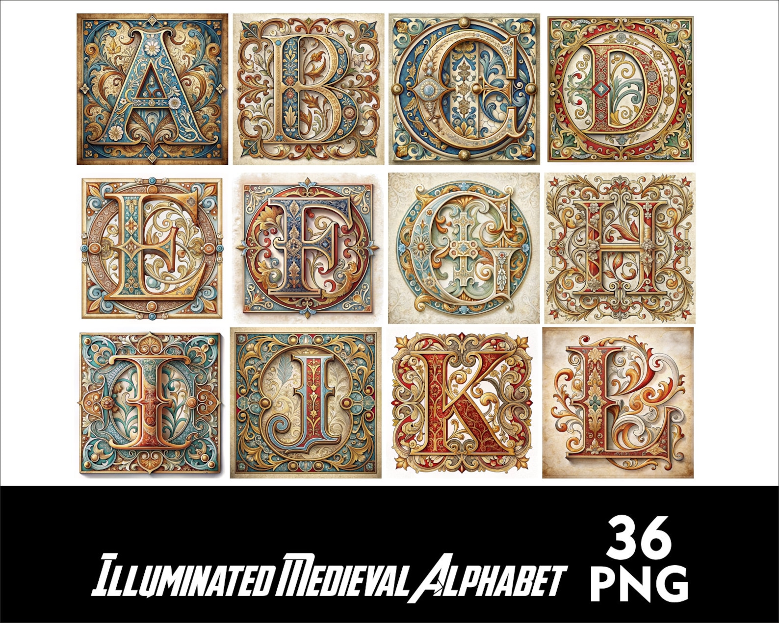 Illuminated Letters Medieval Alphabet PNG Alphabet English Alphabet ...
