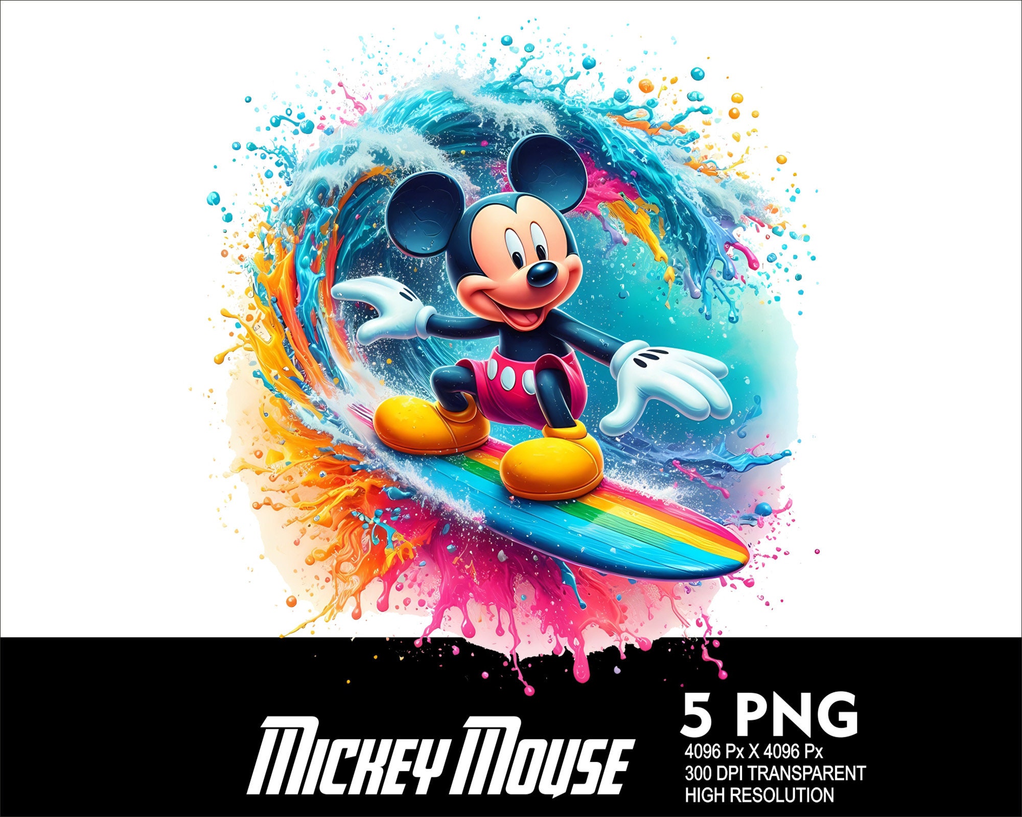 5 PNG Mickey Surfing Splash and Watercolor Transparent PNG File for ...
