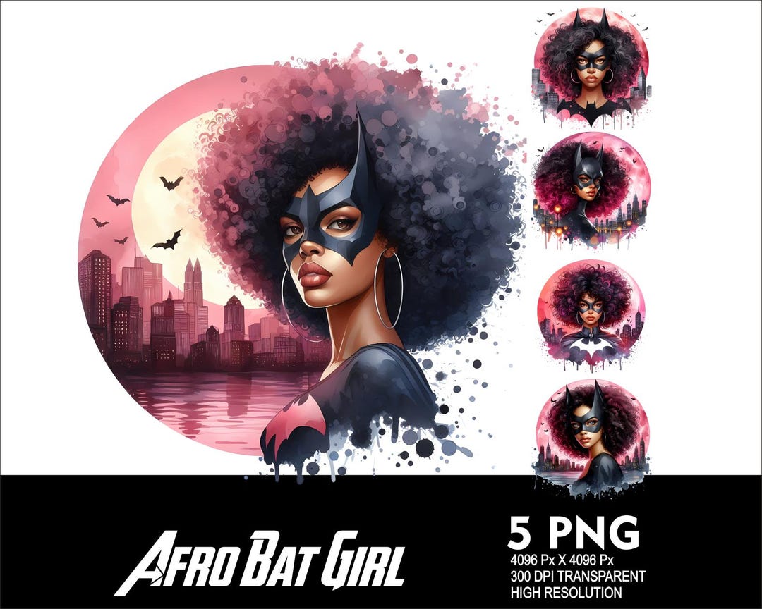 5 PNG Afro Woman Hero Bat Girl Splash and Watercolor Transparent PNG ...