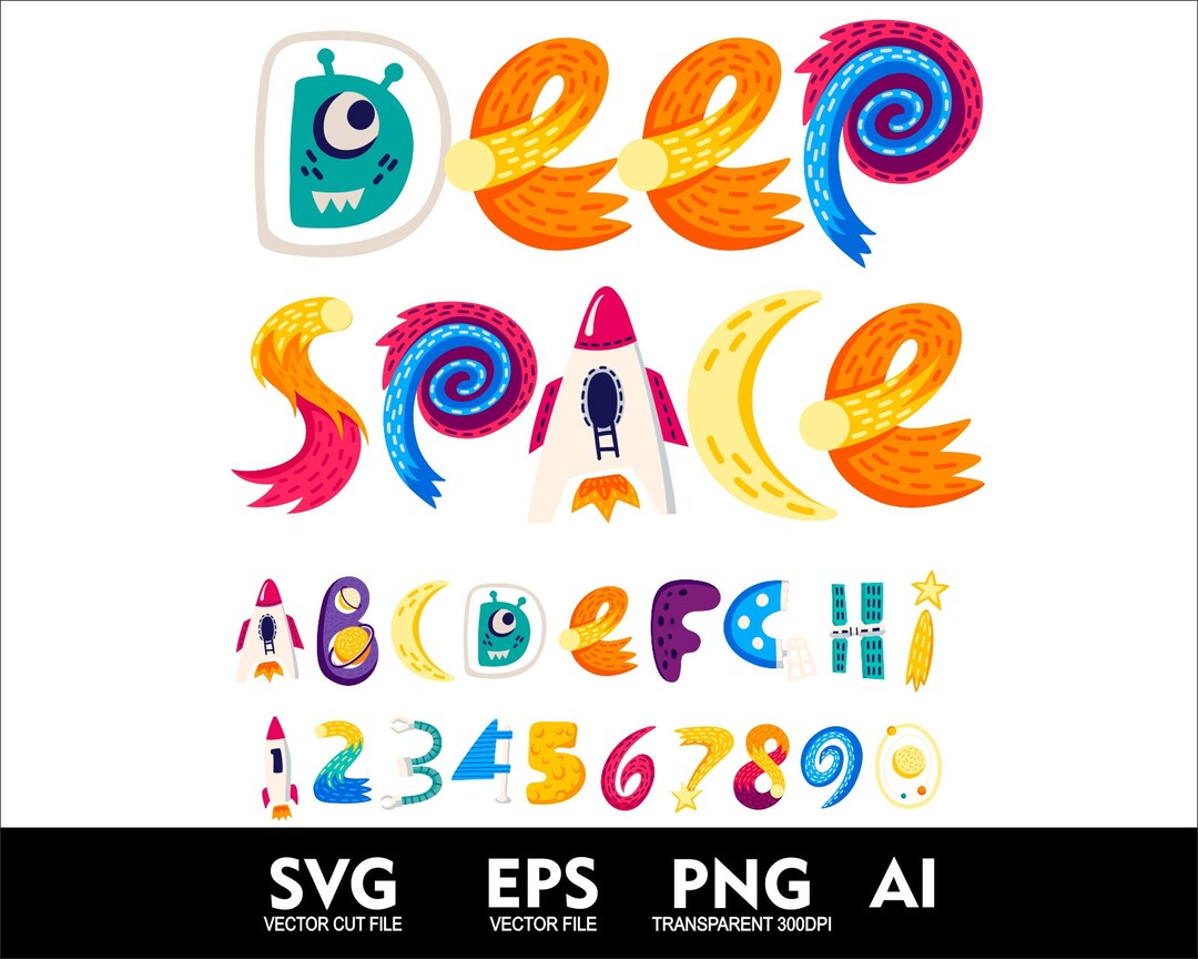 Deep Space Alphabet Kids Space Doodle Font Cartoon Space Alphabet ...